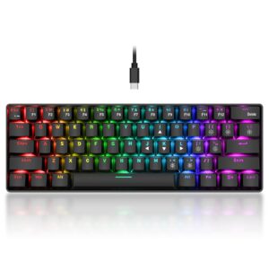 redthunder 60% wired mechanical gaming keyboard, 61 keys ultra-compact keyboard, pbt keycaps, rgb backlight for pc (brown switch, black)