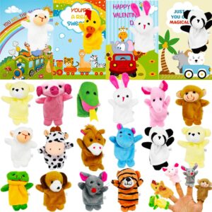 valentines day card with plush animal finger puppet toys sets, 16pcs cartoon hand puppets for kids valentine's day preschool classroom exchange prizes, valentine theme party favor