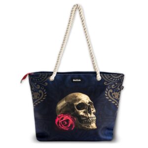 skullistic rose skull shoulder bag - beach, travel & gym, thick canvas, l18.5 x h13.5 x w5