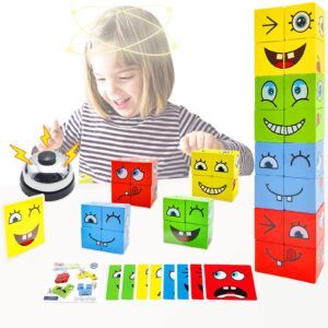 wooden face changing magic cube game, expression puzzle building blocks pattern matching game with bell, educational puzzles toy board games for kids and adults