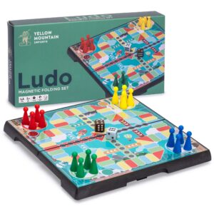 yellow mountain imports ludo magnetic folding travel large board game set - 8 inches - portable classic strategy game set