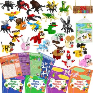 valentines day cards for kids classroom, 24 packs animals and insects building blocks with valentines day cards for kids valentines gifts exchange, valentine party favor, classroom exchange prize