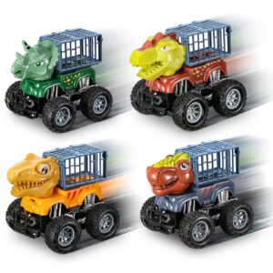 yoocaa dinosaur toys for kids 3-5, 4 dinosaur monster trucks mini pull back cars, dinosaur transport carrier truck playset, gifts for boys toddler 3,4,5,6 years old