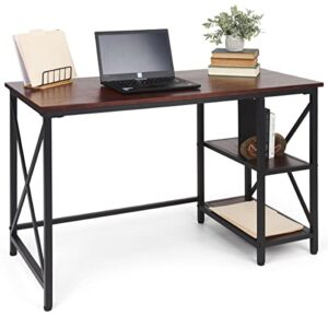 displays2go industrial-style desk, two shelves, steel x sides - dark wood tone (fdxdeskbrn)