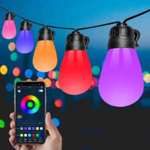 morefulls outdoor string lights - 48ft multi-color led patio lights withwith 15 dimmable rgb led bulbs app control ip65 waterproof colorful led bulbs