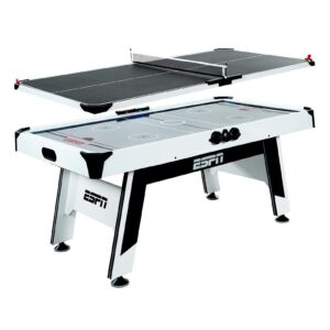 air hockey game table with table tennis top set espn 72 inch power play 2 in 1 for kids & adults arcade style led electronic scorer includes accessories 2 pushers & 2 pucks, for game room garage white