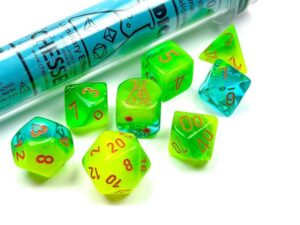 green and teal gemini luminary dice with orange numbers 7+1 dice set 16mm (5/8in) limited edition lab dice chessex