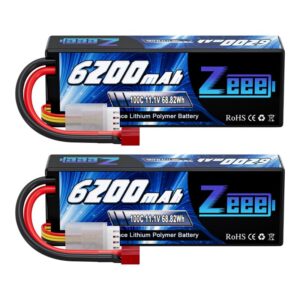 zeee 3s lipo battery 6200mah 11.1v 100c hard case rc battery with deans t connector for 1/8 1/10 scale vehicles rc car tank trucks boats(2 pack)