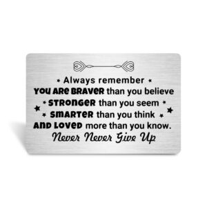 inspirational quote gift for women men, always remember you are braver than you believe never give up quote wallet card engraved wallet insert gifts for birthday graduation christmas