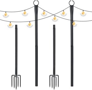 outdoor string light pole, heavy duty light poles for outside with hooks and 4-prong fork, metal post for hanging string lights for deck, patio garden, backyard, wedding or party, 2 pack