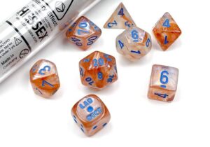 rose gold borealis luminary dice with light blue numbers 7+1 dice set 16mm (5/8in) limited edition lab dice chessex