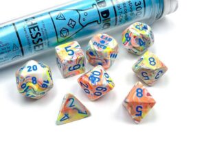 kaleidoscope festive luminary dice with blue numbers 7+1 dice set 16mm (5/8in) limited edition lab dice chessex