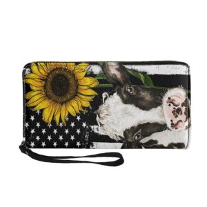 xpyiqun sunflower cow zipper leather women's wallet slim long fashion clucth purse with wristlet credit card holder for teen girls boys female cell phone bag coin pouches