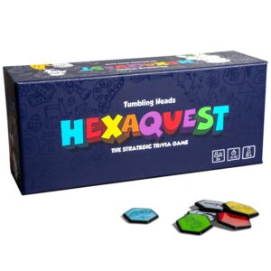 hexaquest: strategic trivia board game - 1500 questions, 6 categories, 65 hexagon tiles, luxury bag - quick to learn