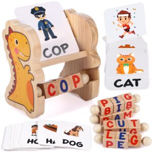 atoylink wooden reading blocks spelling games with sight word flash cards turning rotating letters dinosaur toy preschool spinning alphabet matching letter montessori learning toys for kids boys girls