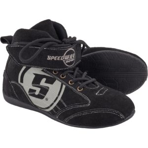 speedway motors viper mid-top sfi 3.3/5 racing shoes, size 10.5: leather & frc, soft compound performance sole, reinforced eyelets, double stitched, hook-and-loop closure, black with gray logo