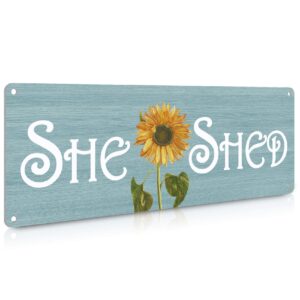 alrear she shed decor, farmhouse sunflowers wall sign for home kitchen, garden, women cave, gift for girlfriend, ladies, tin metal signs 16x6