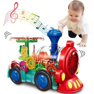 tooty toy transparent train toy - fun and interactive electric train toy for kids - music train with led light up - colorful moving gears -tummy time crawling baby toys for boys girls