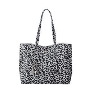 passage women black and white leopard pattern print soft faux leather tote shoulder bag with tassel birthday gifts