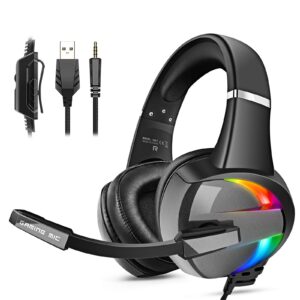 tatybo gaming headset ps4 xbox one headset with stereo bass surround sound, gaming headphones with noise canceling mic for ps4 ps5 xbox one pc laptop mac - rgb led light