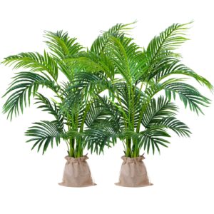 worth garden 4ft artificial areca palm plant 2 packs in pot, fake cane palm silk tree indoor outdoor, dypsis lutescens, 47in lifelike faux silk plant home decor, two linen bags & 20g dry moss included