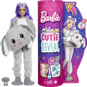 barbie cutie reveal fashion doll with puppy plush costume & 10 surprises including mini pet & color change