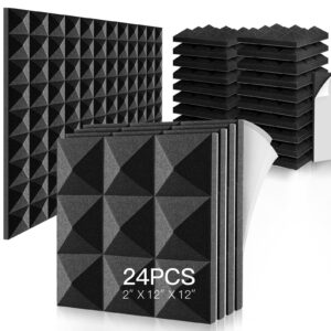 24 pack acoustic foam panels, self-adhesive sound proof foam panels 2" x 12" x 12", soundproof insulation for wall, sound absorbing foam for music studio bedroom home, decreasing noise