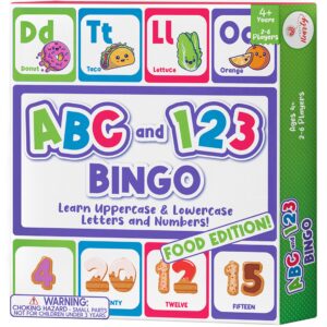 party hearty alphabet and number, abc and 123 bingo board game for kindergarten and preschool kids learn to read fun 2 versions for ages 4 and up (food edition)