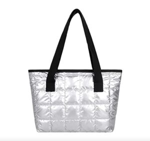 women light weight puffer quilted tote winter handbag shoulder bag (silver)