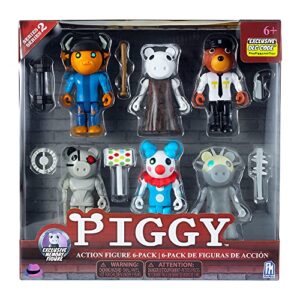 piggy action figure 6 pack - six 3.5" articulated buildable toys, officer doggy, billy, memory, robby, clowny, & frostiggy, 9 accessories, series 2, includes dlc