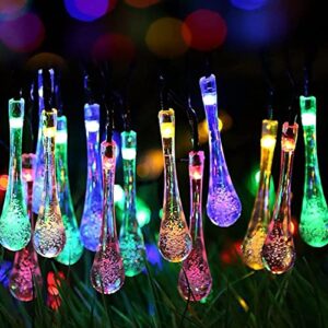 flekmanart solar water drop light - 23ft 30 leds outdoor string lights christmas multicolor water string lights drop for gardens patio yard party holiday home décor