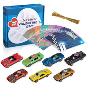 thinkmax valentins day cards for kids with 28 pack mini die-cast metal cars, valentines classroom gift exchange party favor supplies for boys girls.