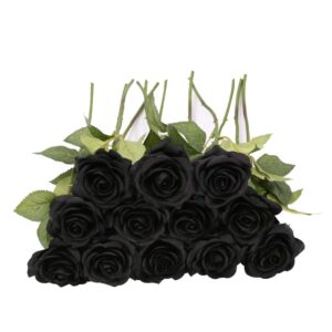 ipopu black roses artificial flowers 12pcs artificial roses real touch black fake silk rose flowers floral arrangement faux roses for home wedding party shop garden bridal decorations diy (black)