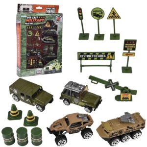 artcreativity diecast military playset for kids, 15-piece set with army trucks, signs, gas cans and more, imagination-sparking army toys for boys and girls, durable army truck playset