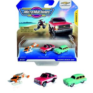 micro machines 2021 series 5 starter pack #19 micro beach day - chopper, 1975 blazer, 1950 bel air wagon, (mmw0094)