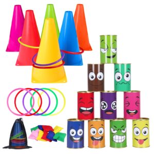 waenerec 36pcs carnival games combo set 4 in 1 bean bag toss can games soft plastic cone backyard ring toss game for indoor outdoor school field day birthday party yard games for kids adults