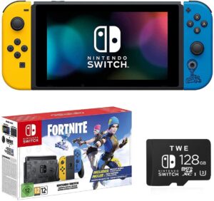 nintendo switch bundle with carrying case & sd card: nintendo switch 32gb console with neon red and blue joy-con, 12-month individual membership online, twe 128gb micro sd card (renewed)