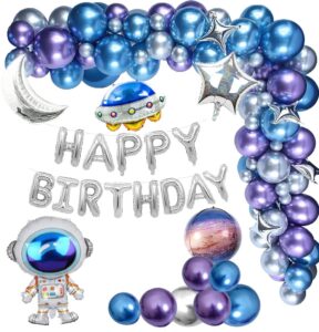 outer space balloon garland kit, 115pcs universe space planets party balloon garland kit included happy birthday ufo rocket astronaut galaxy moon star balloons for kids birthday party decorations