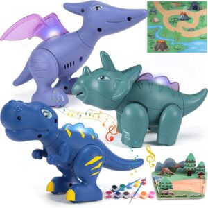 thinkmax magnetic dinosaur toys for kids, take apart toys with light, roar sound, play mat & painting kit, kids trex christmas birthday gifts for boys girls 2 3 4 5 year old, medium, green blue purple