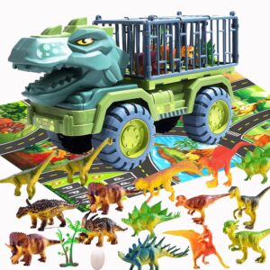 dinosaur transport truck boy toys car carrier train with 15pcs dinosaurs 2 crane transport toys for 3 4 5 6 7 year old boys girls kids, waterproof mat activity playset (dino truck)