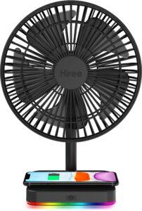 hiree table fan with led lights, 2 speeds quiet air circulator personal desk fan with 10w/7.5w fast charger qi wireless charging pad - suitable for home, bedroom, office, dorm