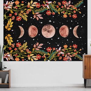 sun and moon tapestry - 51.2 x 59.1 in moon phase tapestries flower vine tapestry home decoration background cloth, garden decor banner tapestry for bedroom livingroom wall hanging art aesthetic