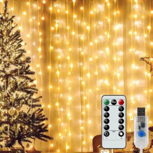 led curtain lights, 300 led curtain string light with 8 usb modes remote for christmas bedroom party wedding home garden wall decorations(warm white)