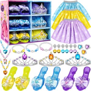 princess dress up shoes & jewelry boutique girls role play shoes pretend jewelry toys princess accessories set with 2 pairs of shoes,crowns,cloaks, princess gifts toys for 3 4 5 6 year old girls