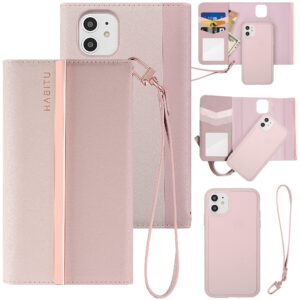 habitu [folio collection 2022] eris tri-fold pink wallet case for iphone 12/12 pro, detachable vegan leather magnetic folio with card pockets, mirror & strap for women, pink eris