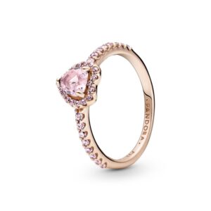 pandora sparkling pink elevated heart ring - rose gold ring for women - layering or stackable ring - gift for her - 14k rose gold-plated rose with cubic zirconia - size 7.5