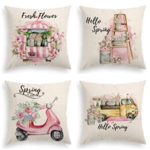 inshere throw pillow covers spring decorations 18x18 inch set of 4，fresh flower truck garden oil painting style linen pillowcase，decoration for sofa, bedroom, car (spring 1)