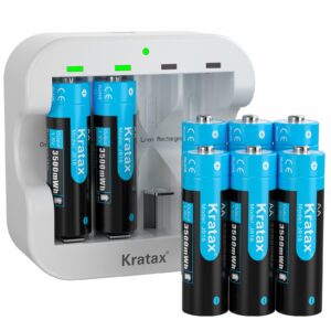 kratax rechargeable lithium aa batteries 8 pack 1.5v 3500mwh li-ion rechargeable batteries with 2h battery charger, 1600 cycles long-lasting, constant voltage output for game controller, electric toy