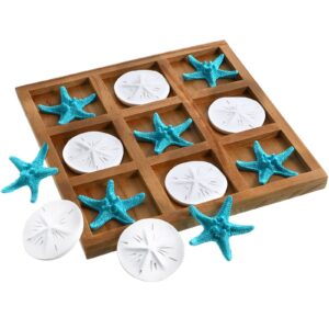 chunful beach house decor wooden tic tac toe game with resin seashell and starfish multilayer tic tac toe board fun for family travel beach game 7.87 x 7.87 x 0.47 inch (wood color)