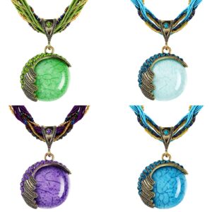 4 pcs bohemian necklace for women turquoise jewelry necklace statement beaded vintage jewelry rhinestone long necklace for pendent collar necklace (peacock blue, green, light purple, lake blue)